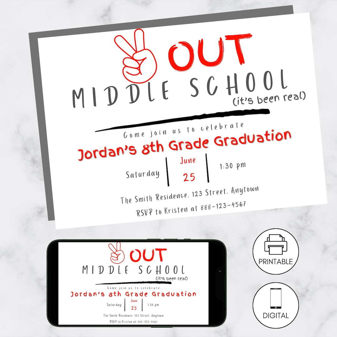 Middle School Graduation Invitation, Peace Out Middle School, Editable ...