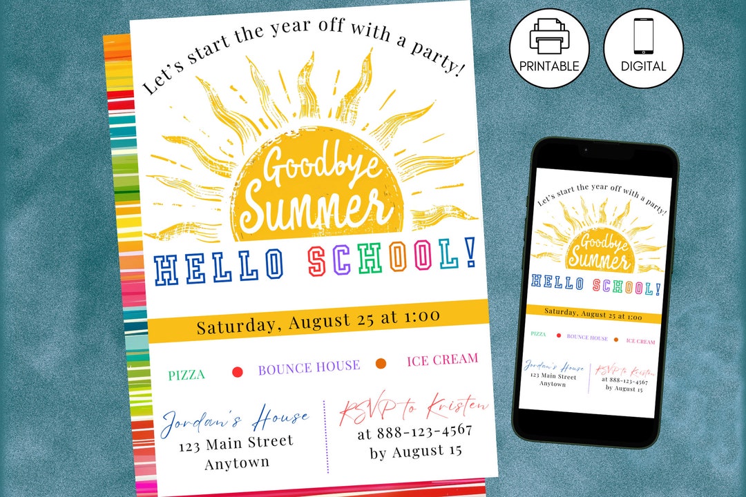 End of Summer Back to School Bash Kids Party Invitation, Goodbye Summer ...