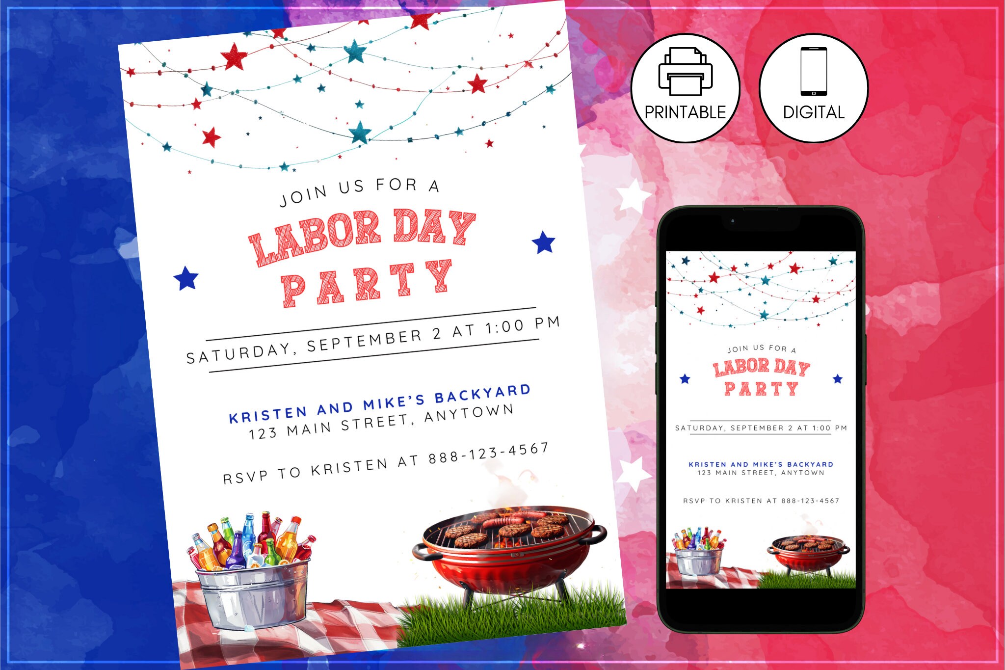 Labor Day BBQ Party Invitation, Patriotic Red White & Blue Invite ...