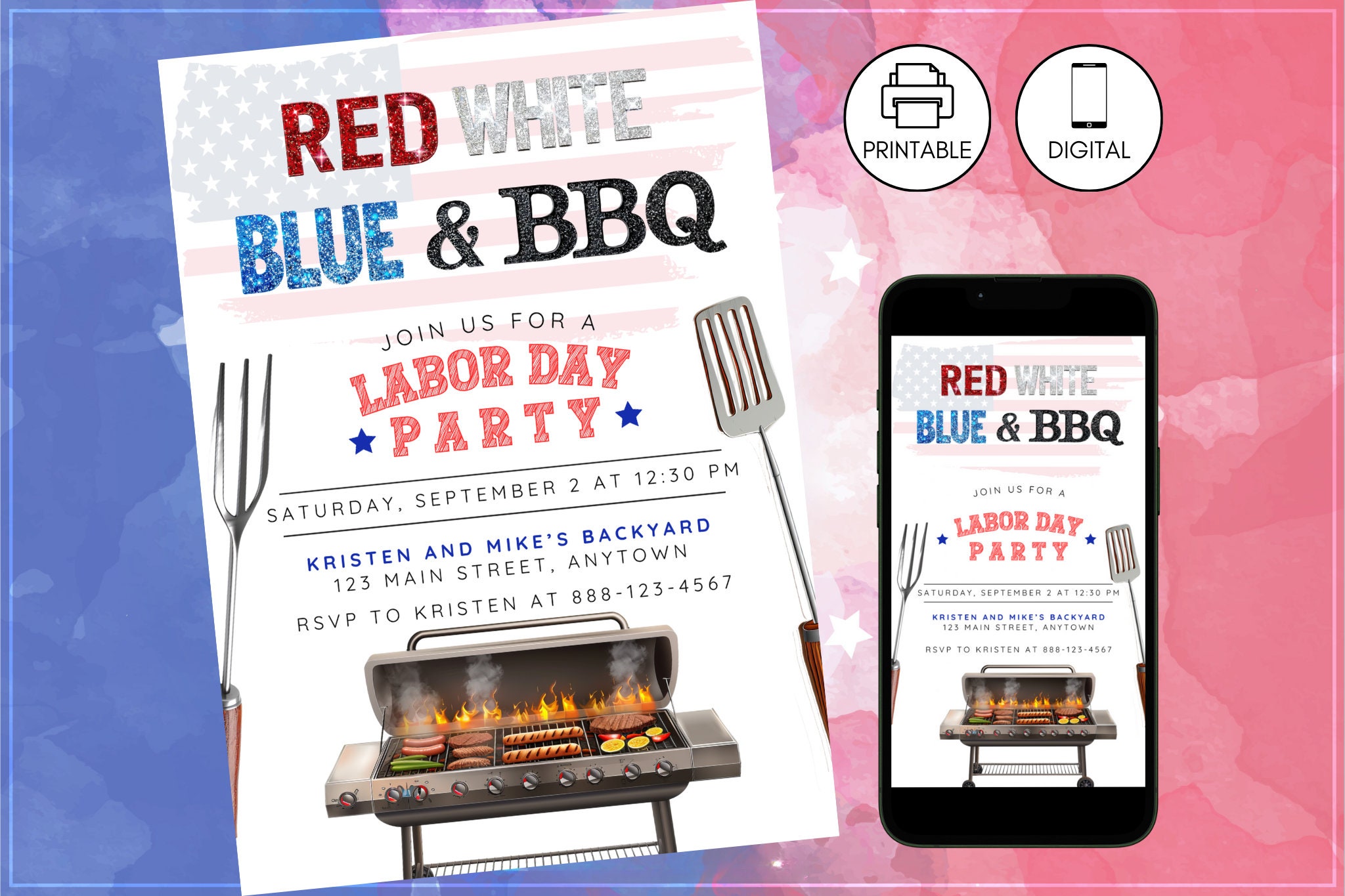 Labor Day BBQ Party Glitter Invitation, Patriotic Red White & Blue ...