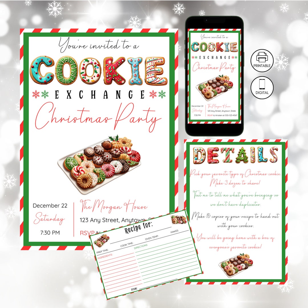 Christmas Cookie Exchange Party Invitation Template, Holiday Recipe ...