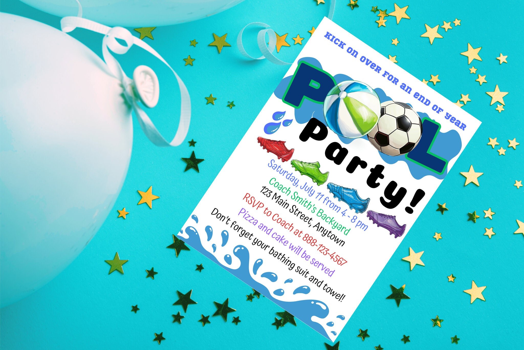 End of Season Soccer Team Pool Party Invitation Template, BBQ ...
