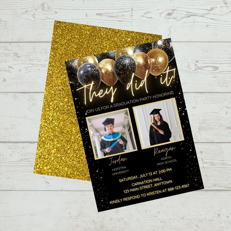 Double Graduation Photo Party Invitation | Editable Template | Gold ...