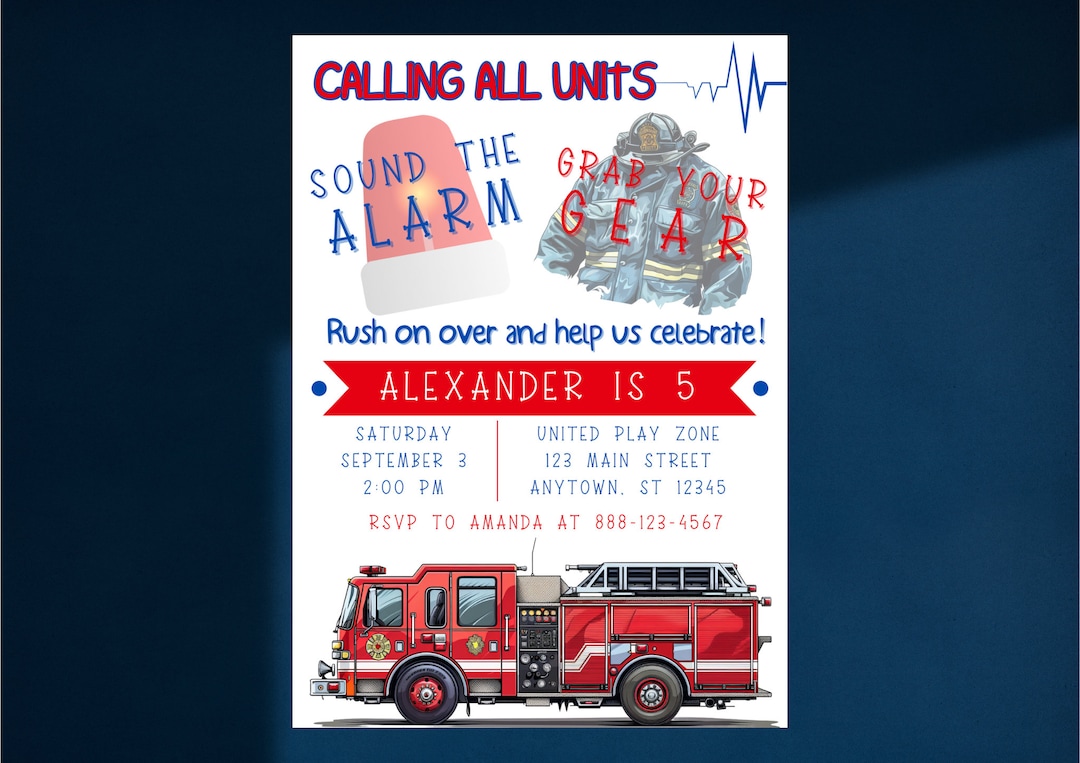 Firetruck Birthday Party Invitation, First Responders Theme Printable ...