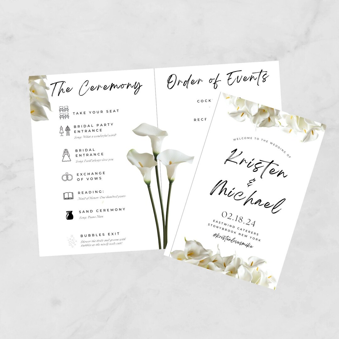 Calla Lily Floral Wedding Program Template, Order of Ceremony, Instant ...