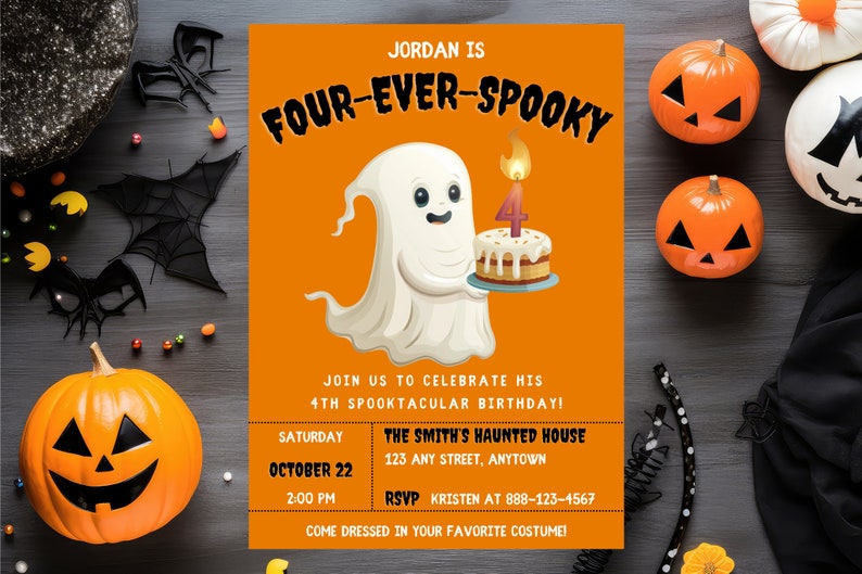 Halloween Four Ever Spooky Birthday Party Invitation Template, Editable ...