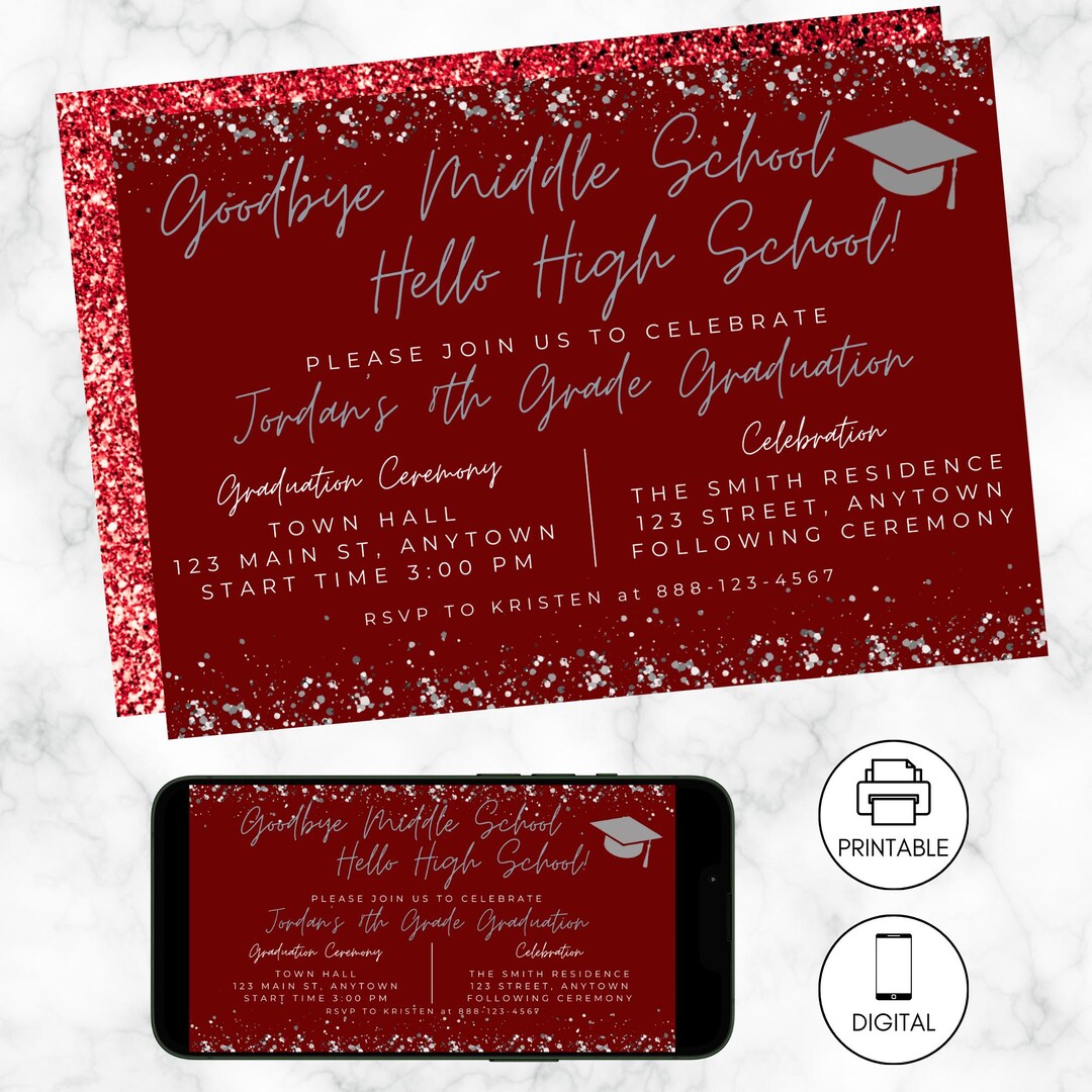 Middle School Graduation Invitation Template, Editable Party Invite ...
