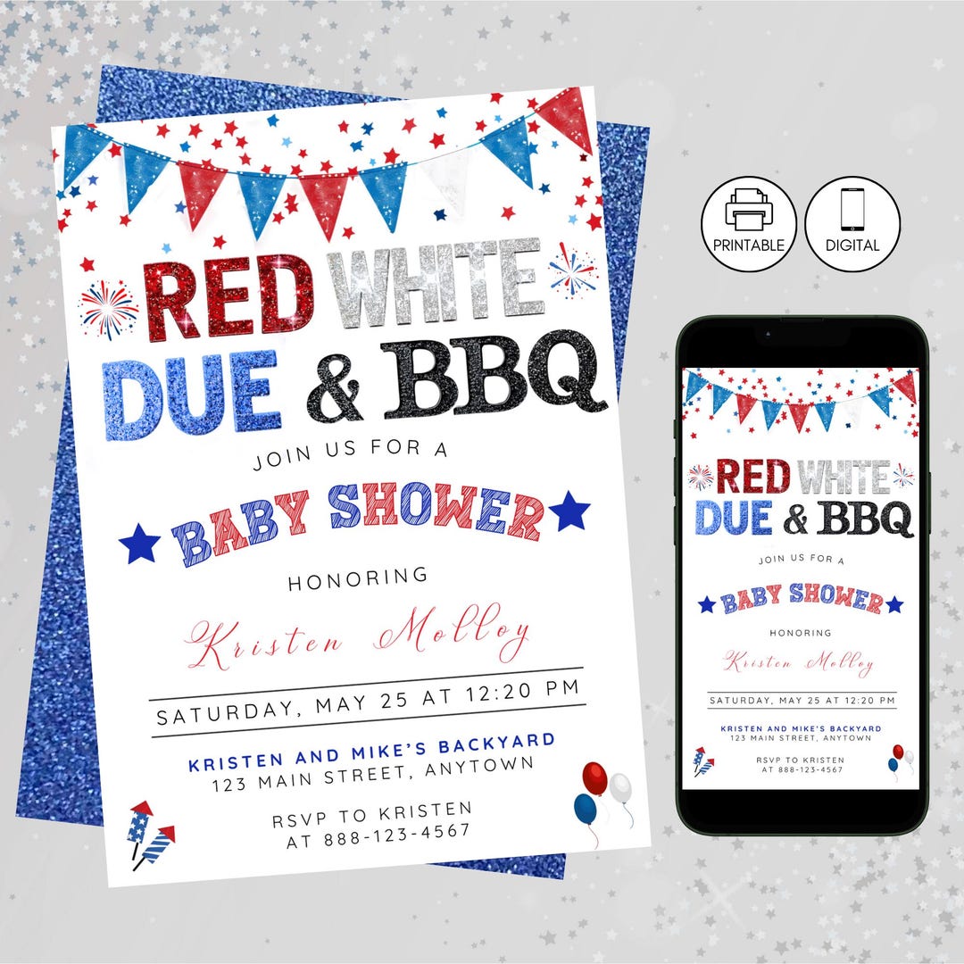 Red White & Due Baby Shower Invitation, 4th of July Bbq, Fourth Baby Q ...