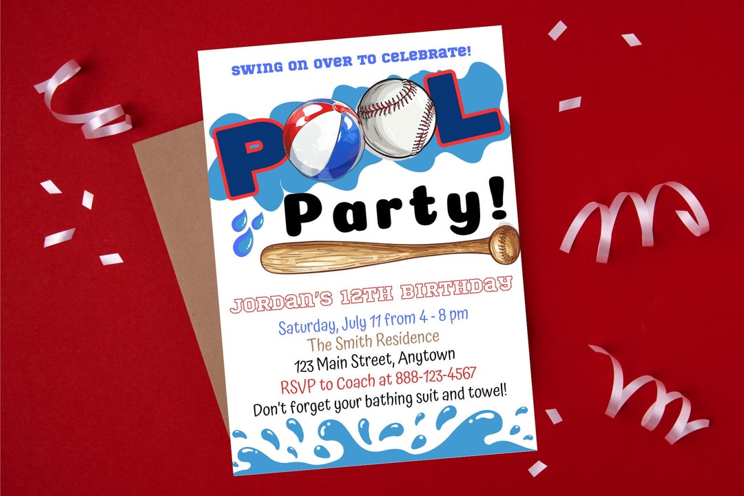 Baseball Pool Birthday Party Invitation | Editable | Sports Pool Party ...