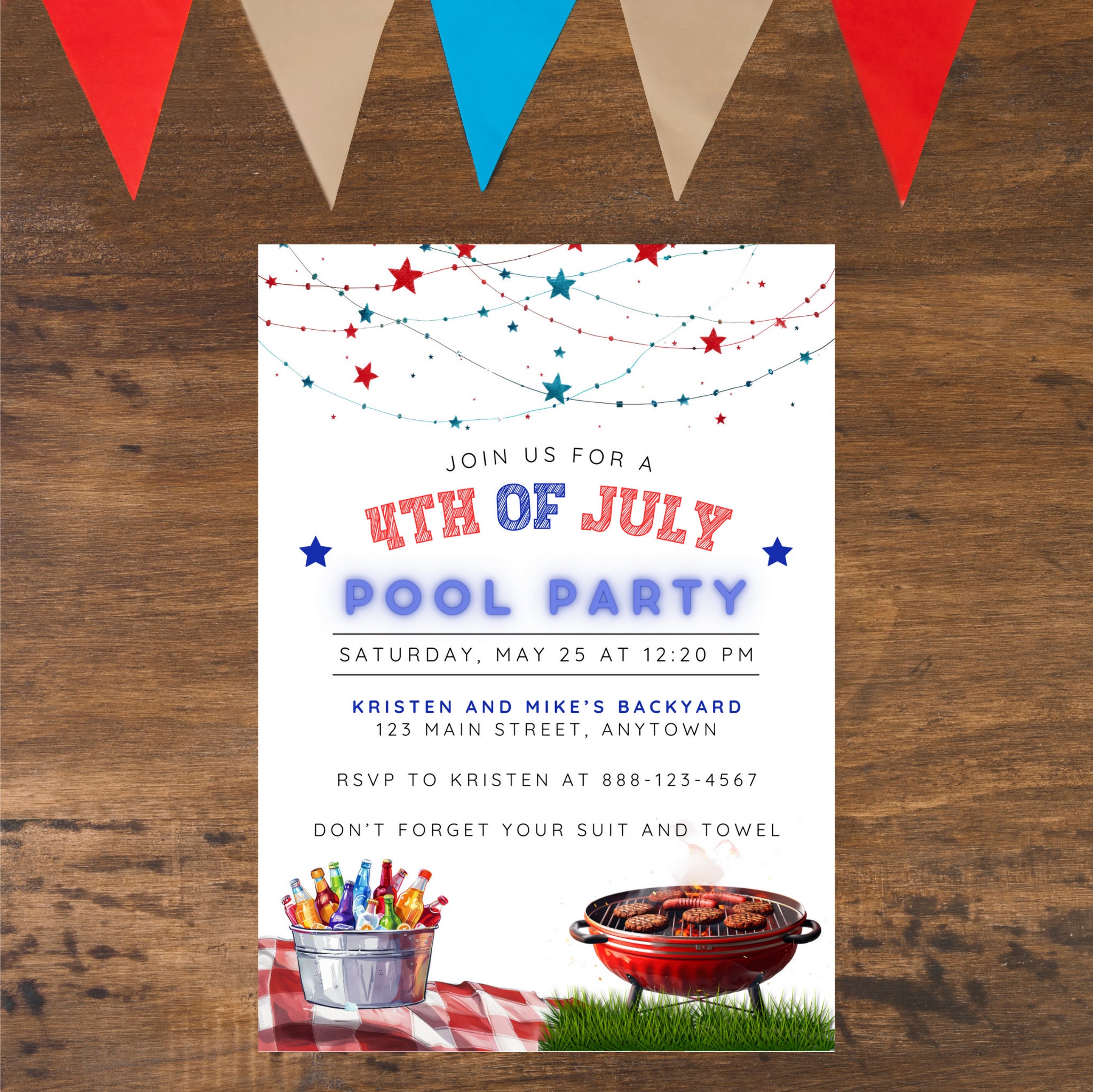 4th of July Pool Party Invitation, Patriotic Red White Blue Memorial ...