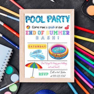 End of Summer Pool Party Bash Invitation, Back to School Kids Swim ...