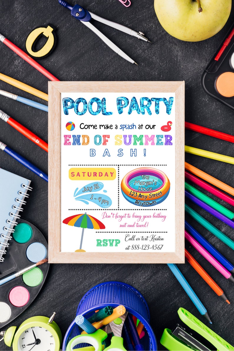 End of Summer Pool Party Bash Invitation, Back to School Kids Swim ...
