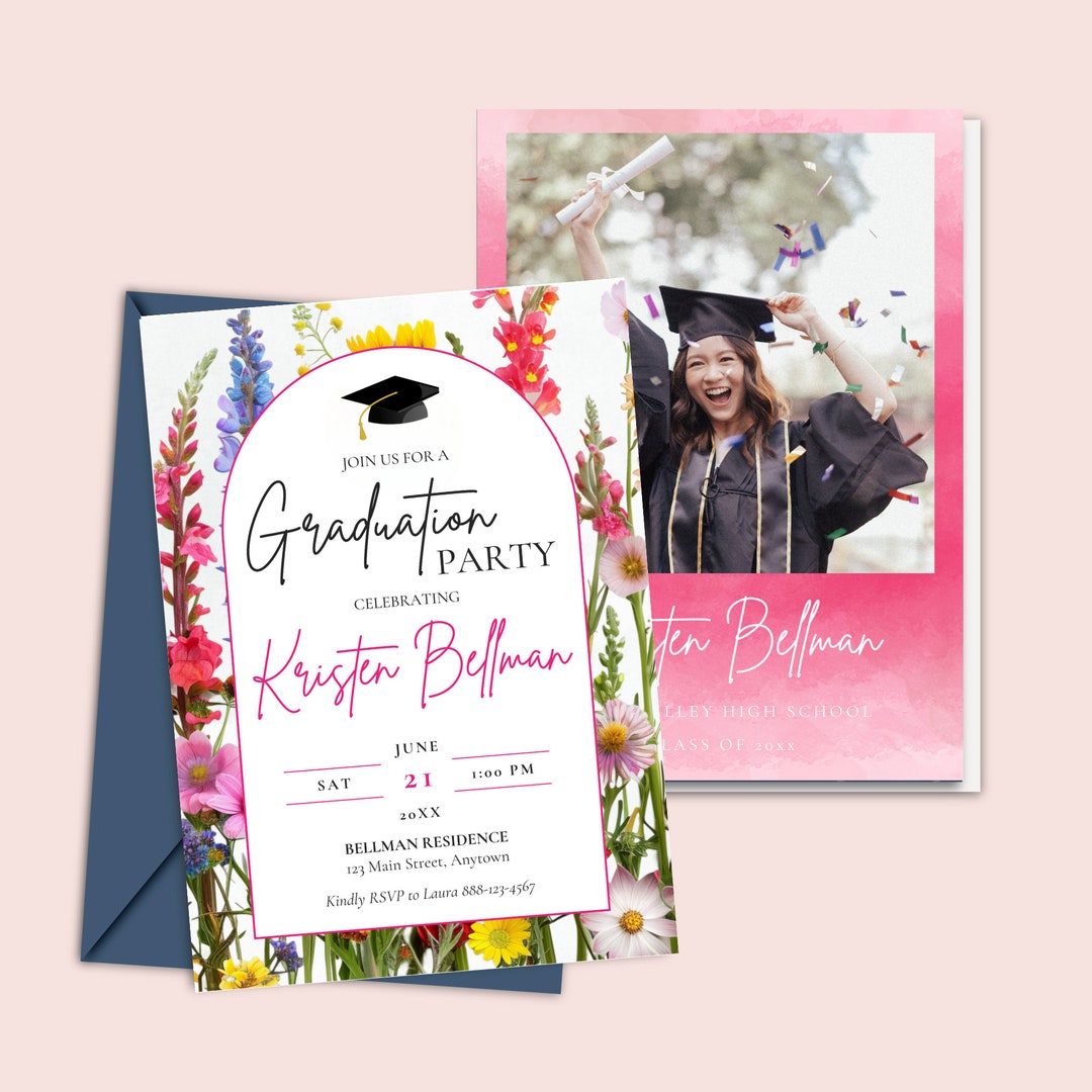 Wildflower Graduation Photo Invitation Template, Boho Floral Girls Arch ...