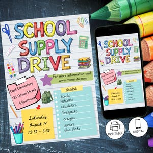 School Supply Drive Flyer Template, School Supplies Fundraiser Poster ...