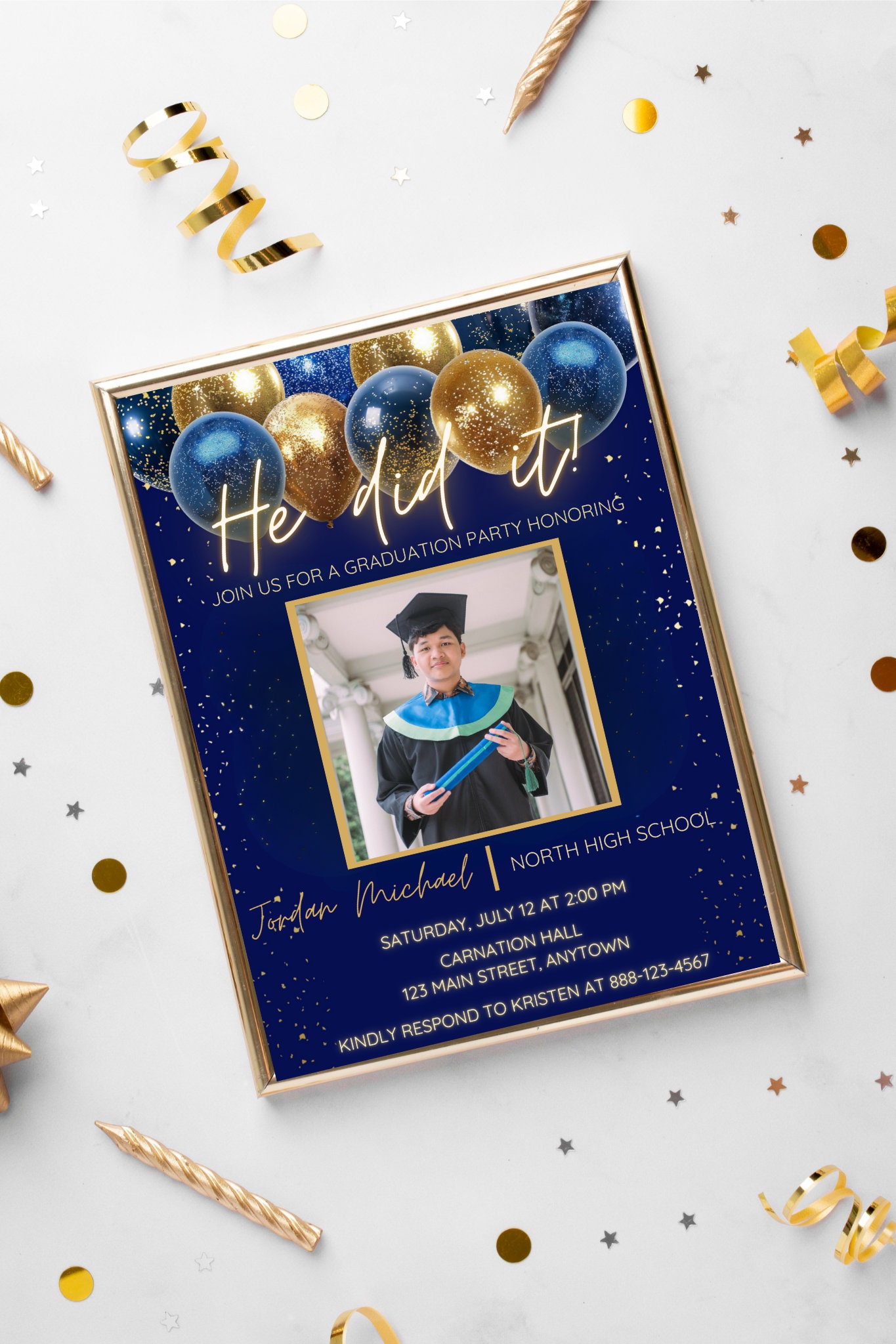 Graduation Photo Party Invitation Template, Blue & Gold Grad Invite, He ...