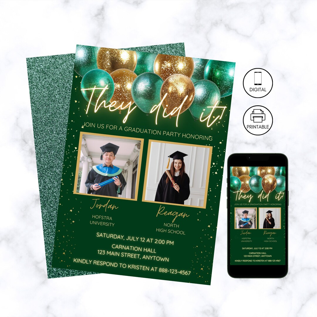 Double Graduation Photo Party Invitation | Editable Template | Green ...