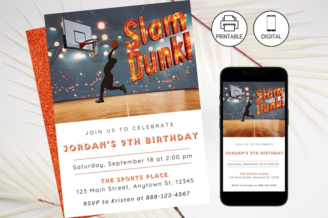 Basketball Slam Dunk Birthday Party Invitation Template, Sports Bball ...