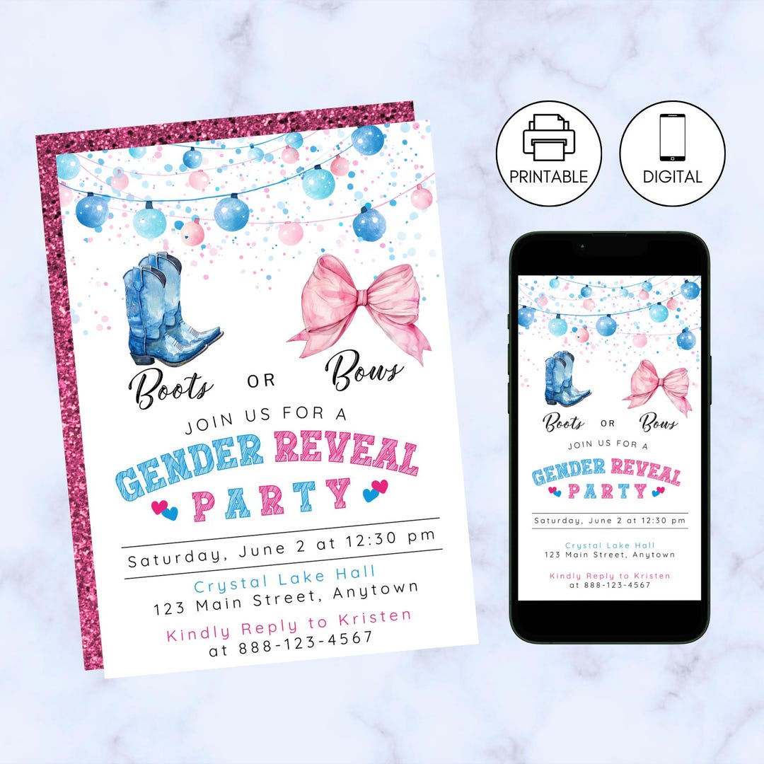 Boots or Bows Gender Reveal Invitation Template, Printable Digital ...