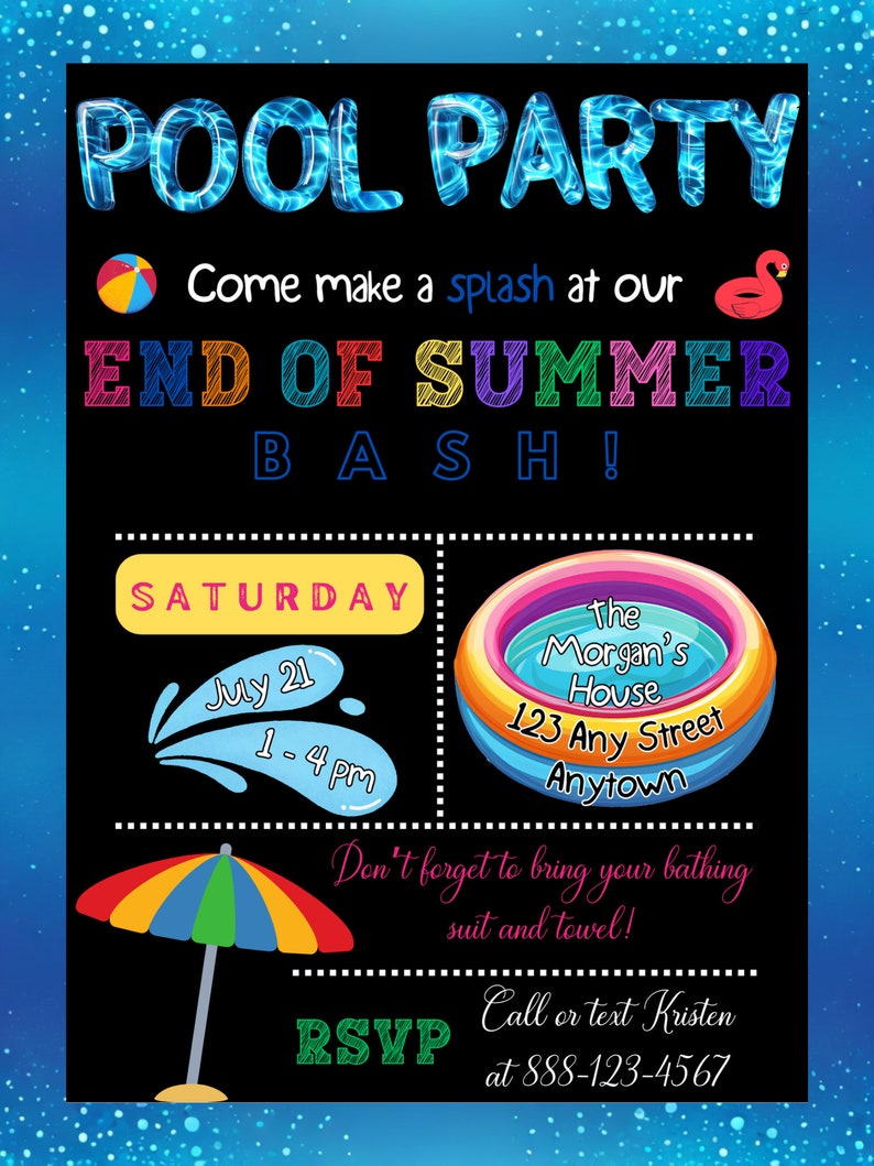 End of Summer Goodbye Pool Party Bash Kids Invitation Template, Back to School Swim Party, Hello ...