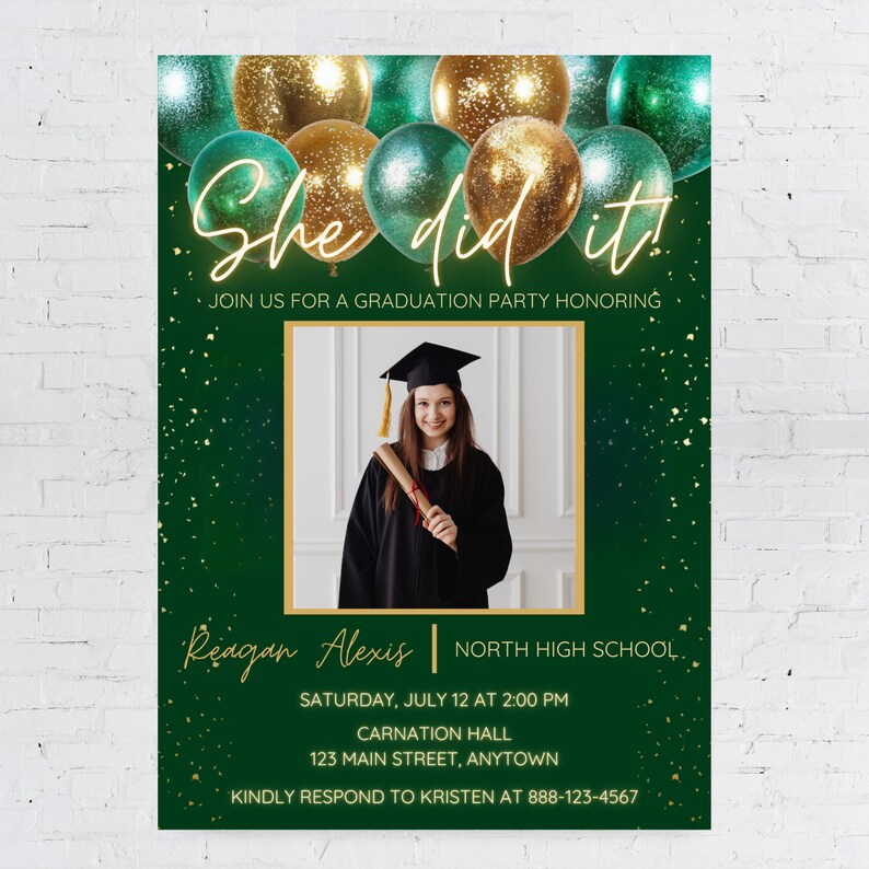 Graduation Photo Party Invitation | Green and Gold Grad Invite | She ...