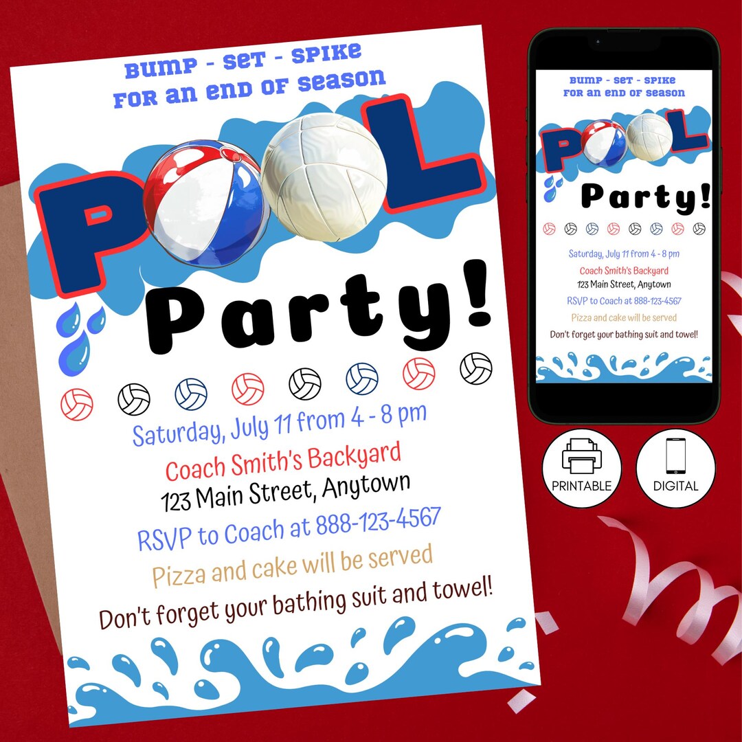 End of Season Volleyball Team Pool Party Invitation Template, BBQ ...