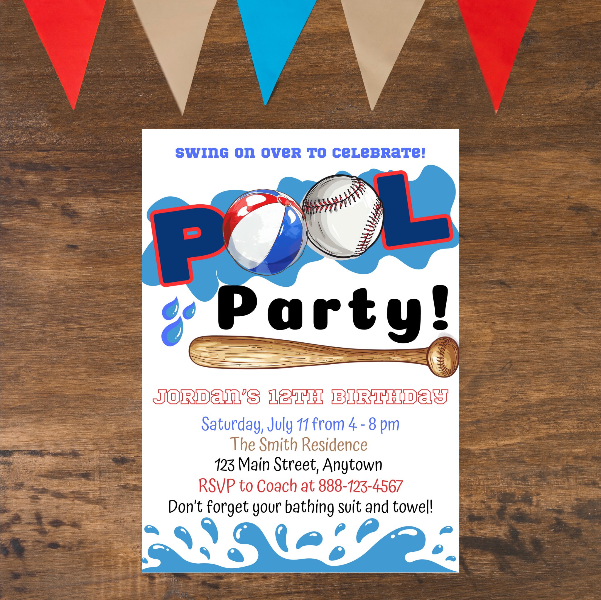 Baseball Pool Birthday Party Invitation Editable Sports Pool Party ...