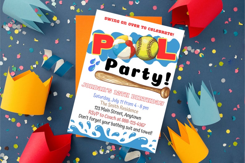 Softball Pool Birthday Party Invitation, Editable, Sports Pool Party ...