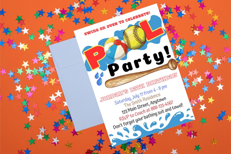 Softball Pool Birthday Party Invitation, Editable, Sports Pool Party ...