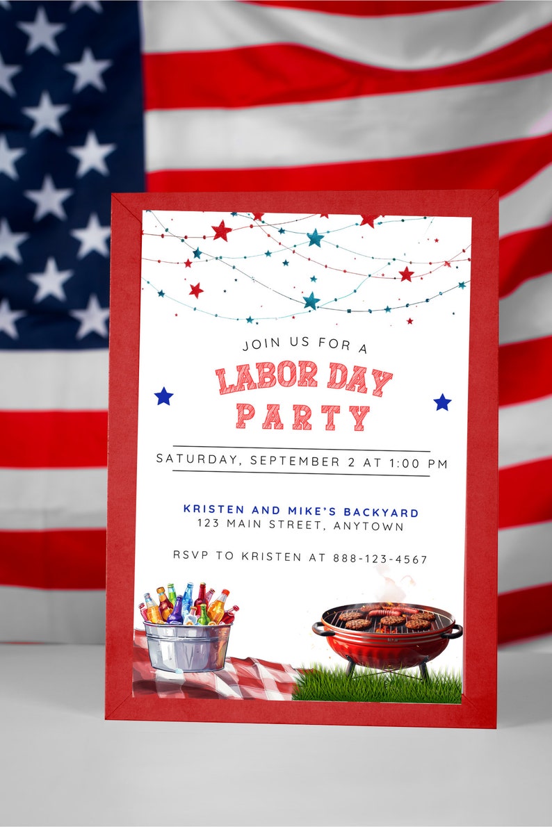 Labor Day BBQ Party Invitation, Patriotic Red White & Blue Invite ...