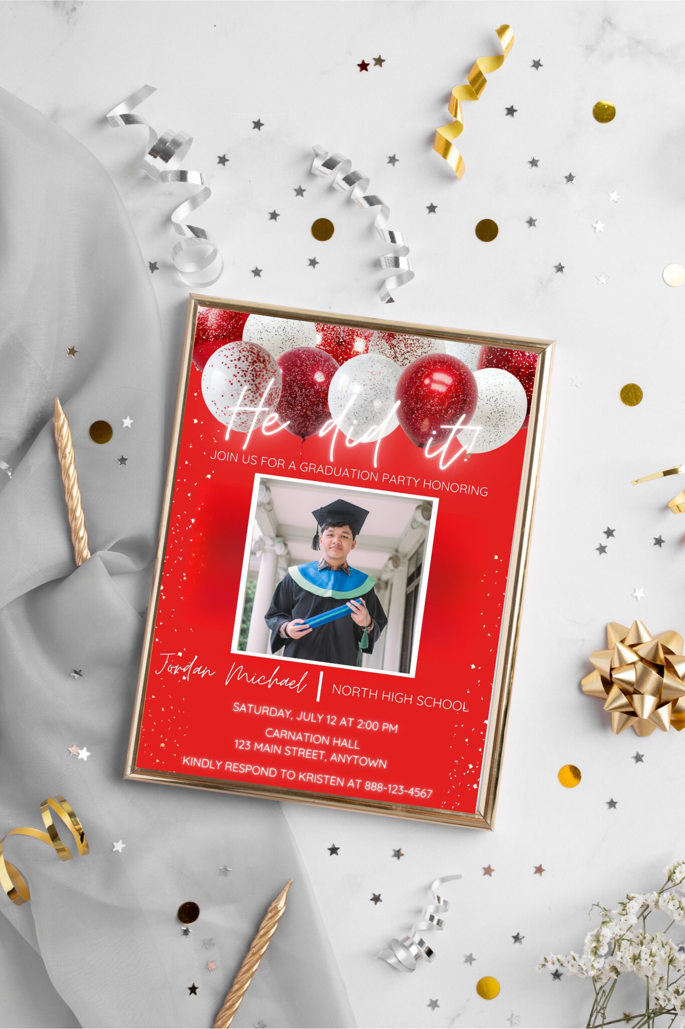 Graduation Photo Party Invitation | Red & White Grad Invite | He Did It ...