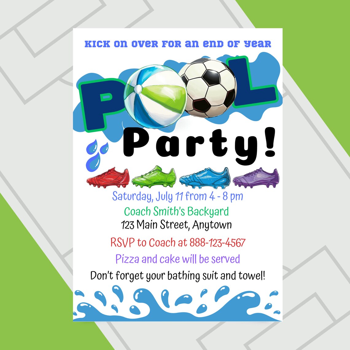 End of Season Soccer Team Pool Party Invitation Template, BBQ ...