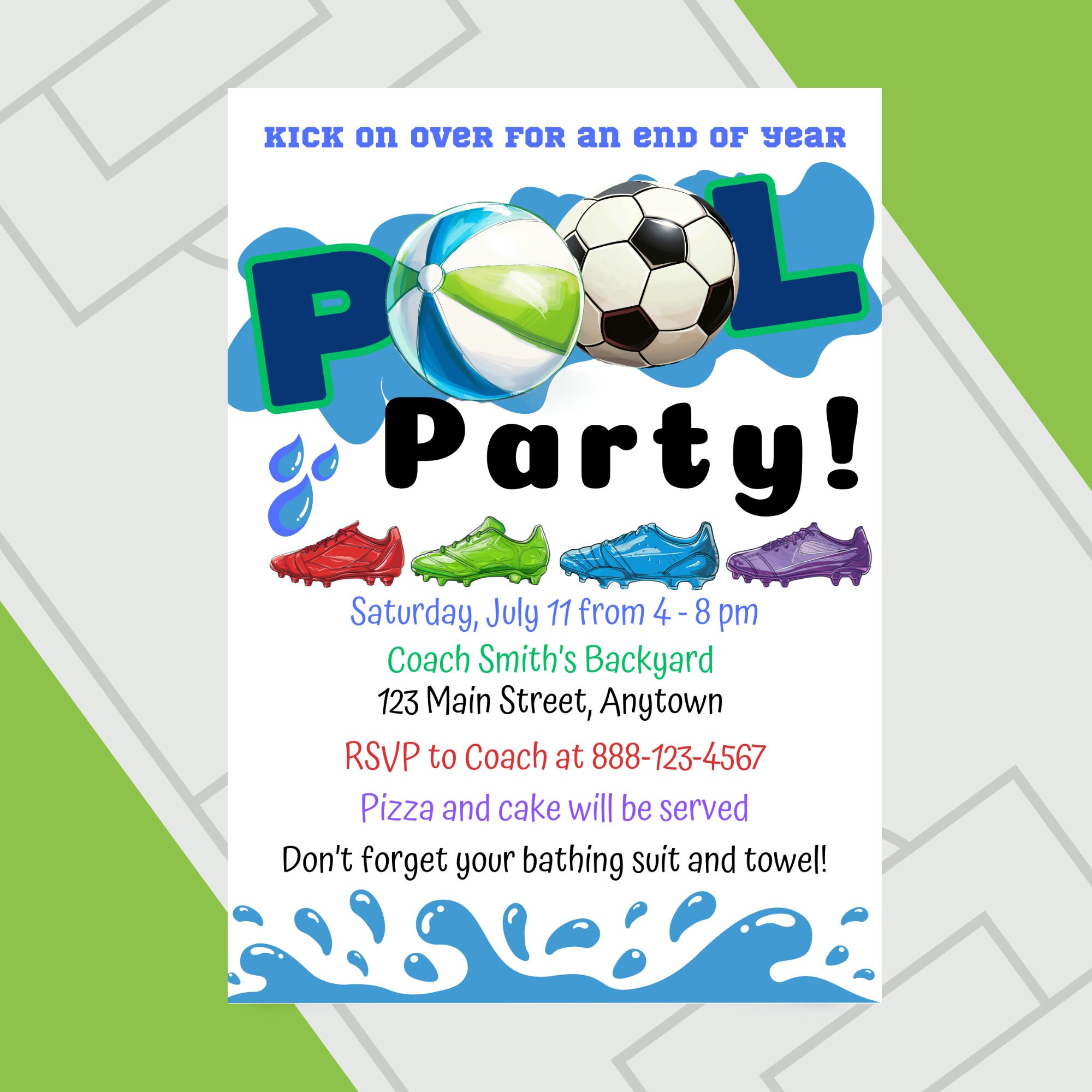 End of Season Soccer Team Pool Party Invitation Template, BBQ ...
