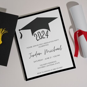 Black & White Graduation Cap Invitation Template, Announcement Grad ...