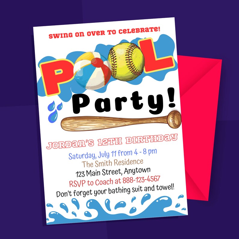 Softball Pool Birthday Party Invitation, Editable, Sports Pool Party ...