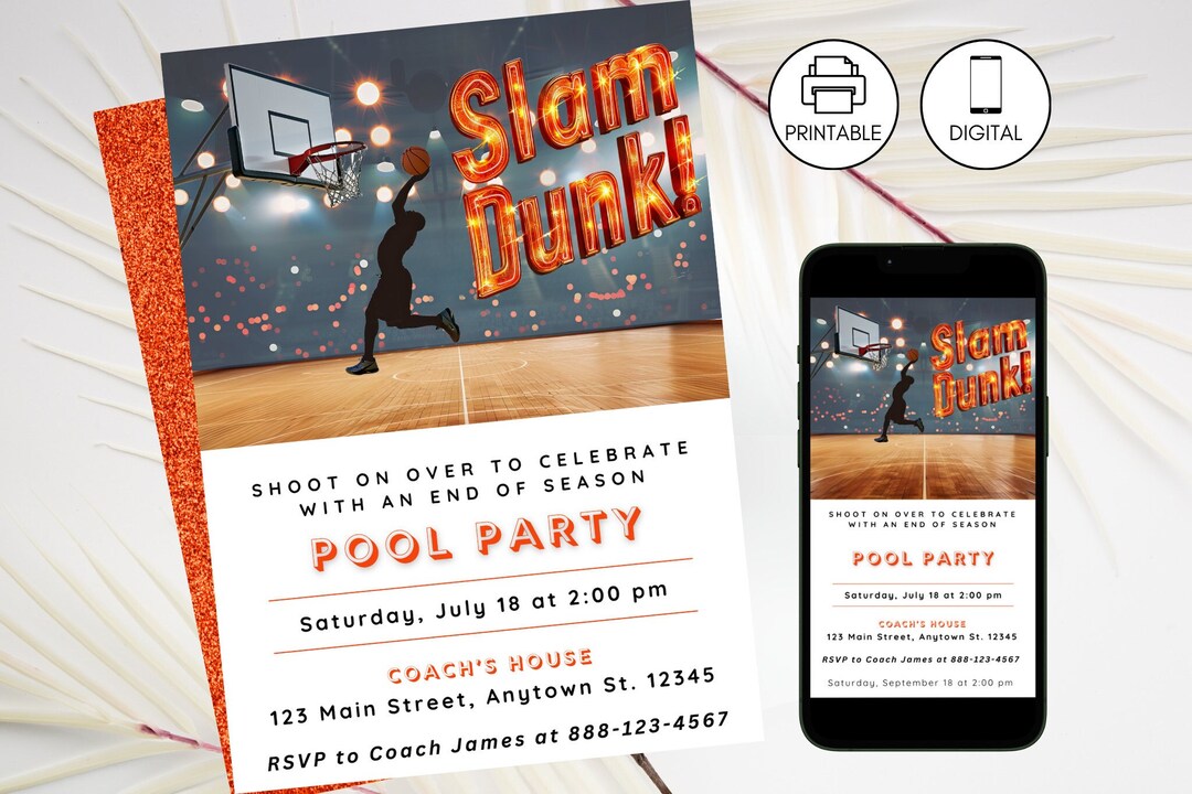 End of Season Boys Basketball Team Pool Party Invite, Slam Dunk BBQ ...