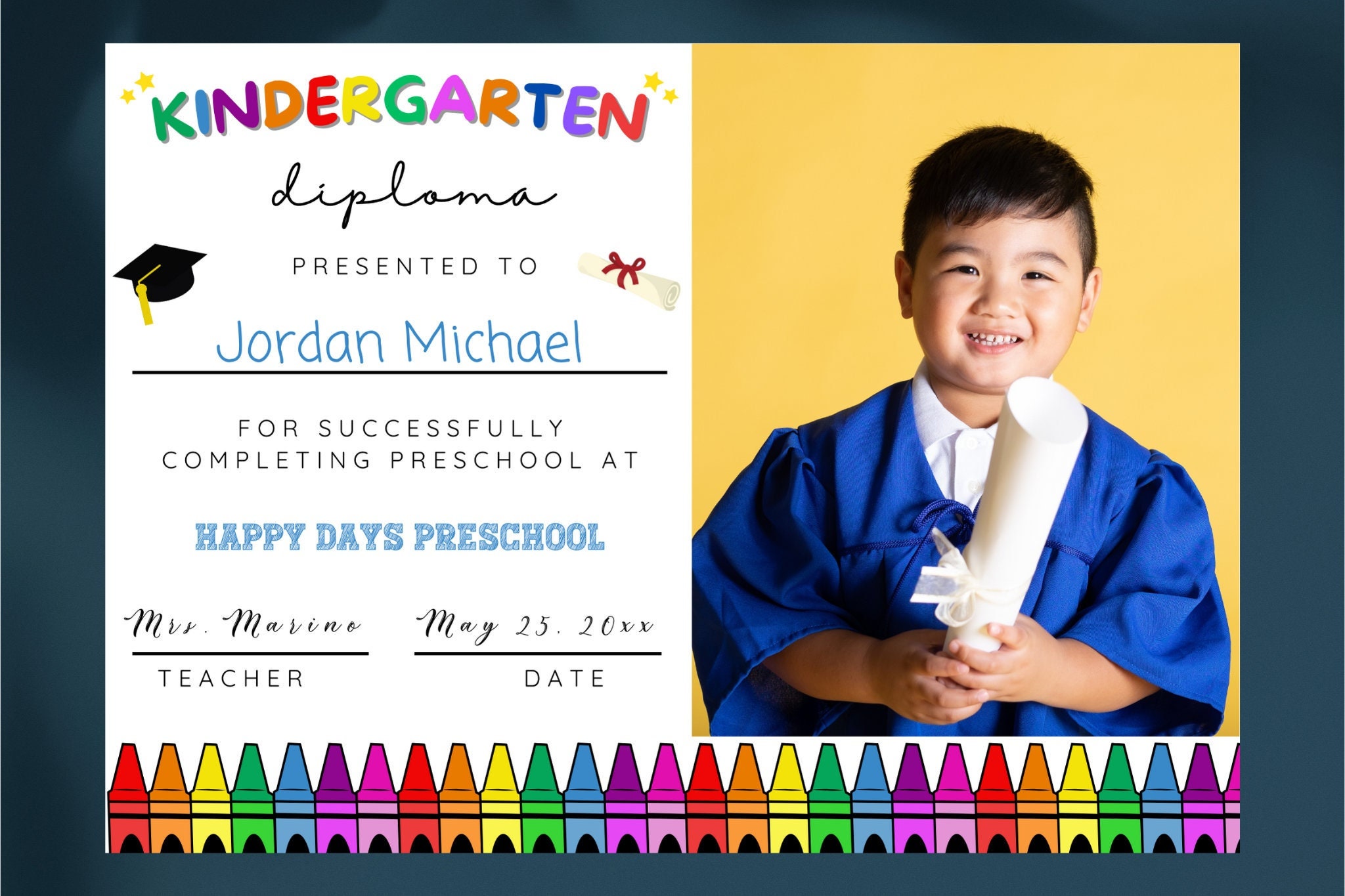 Kindergarten Graduation Diploma Photo Certificate, Editable Teacher ...