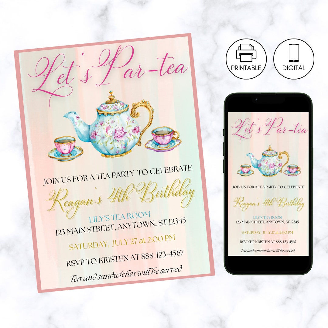 Let's Par-tea Party Invitation Template, Tea Party Birthday Invite ...