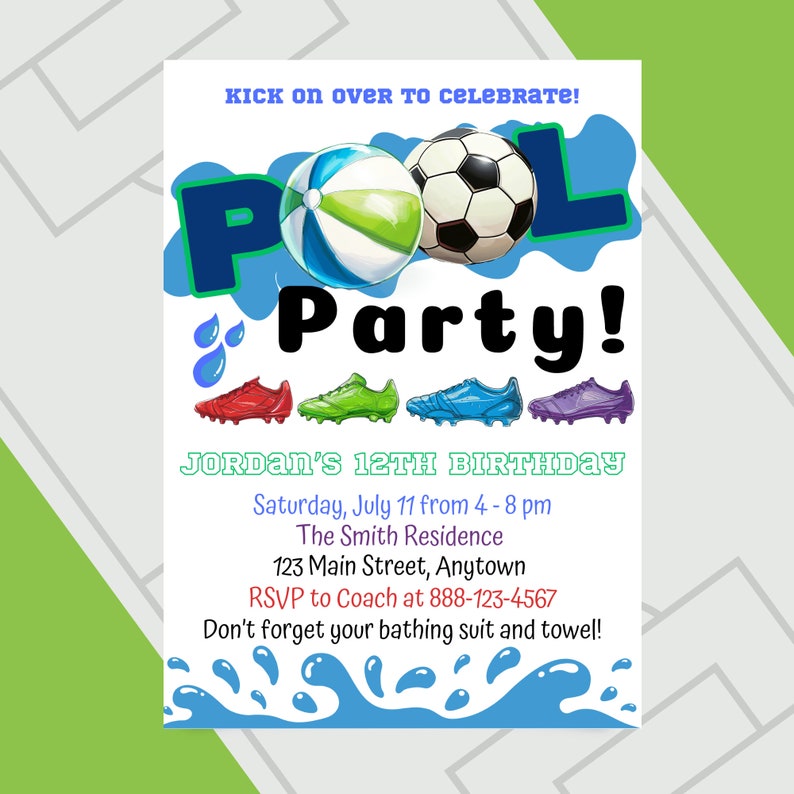 Soccer Ball Pool Birthday Party Invitation Template, Editable, Boy ...