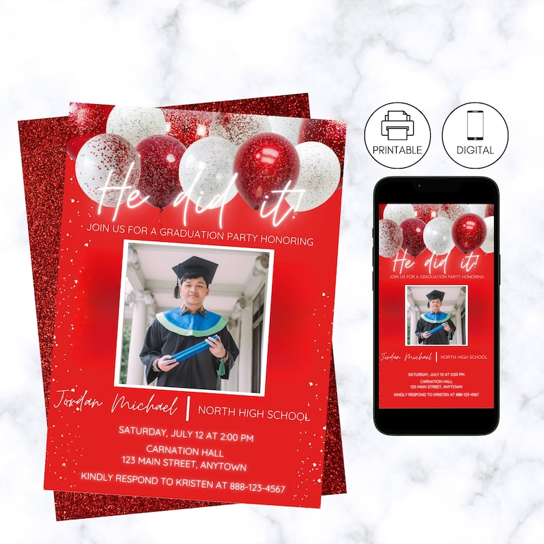Graduation Photo Party Invitation | Red & White Grad Invite | He Did It ...