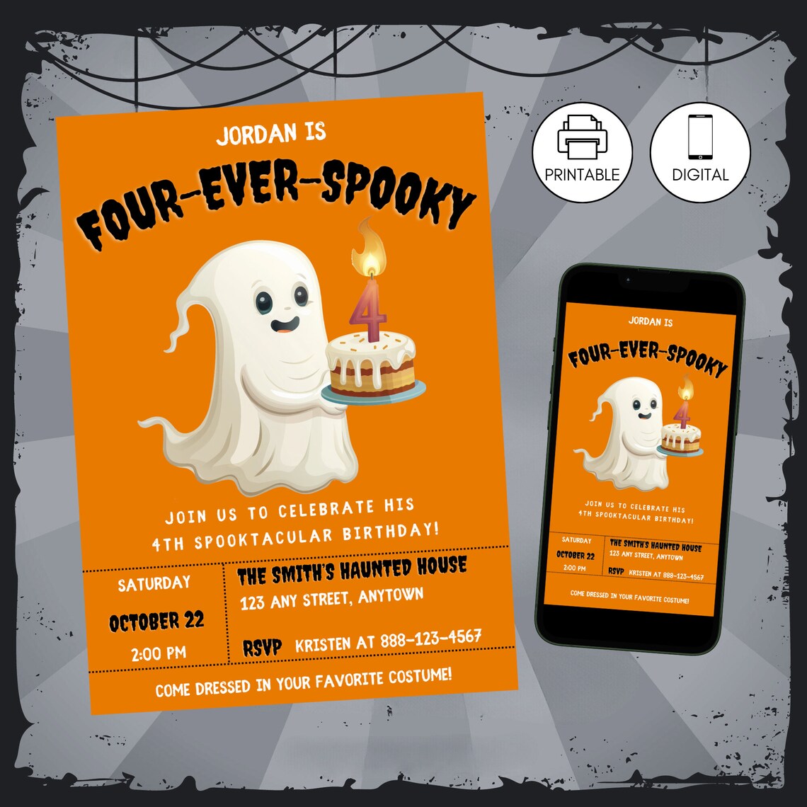 Halloween Four Ever Spooky Birthday Party Invitation Template, Editable ...
