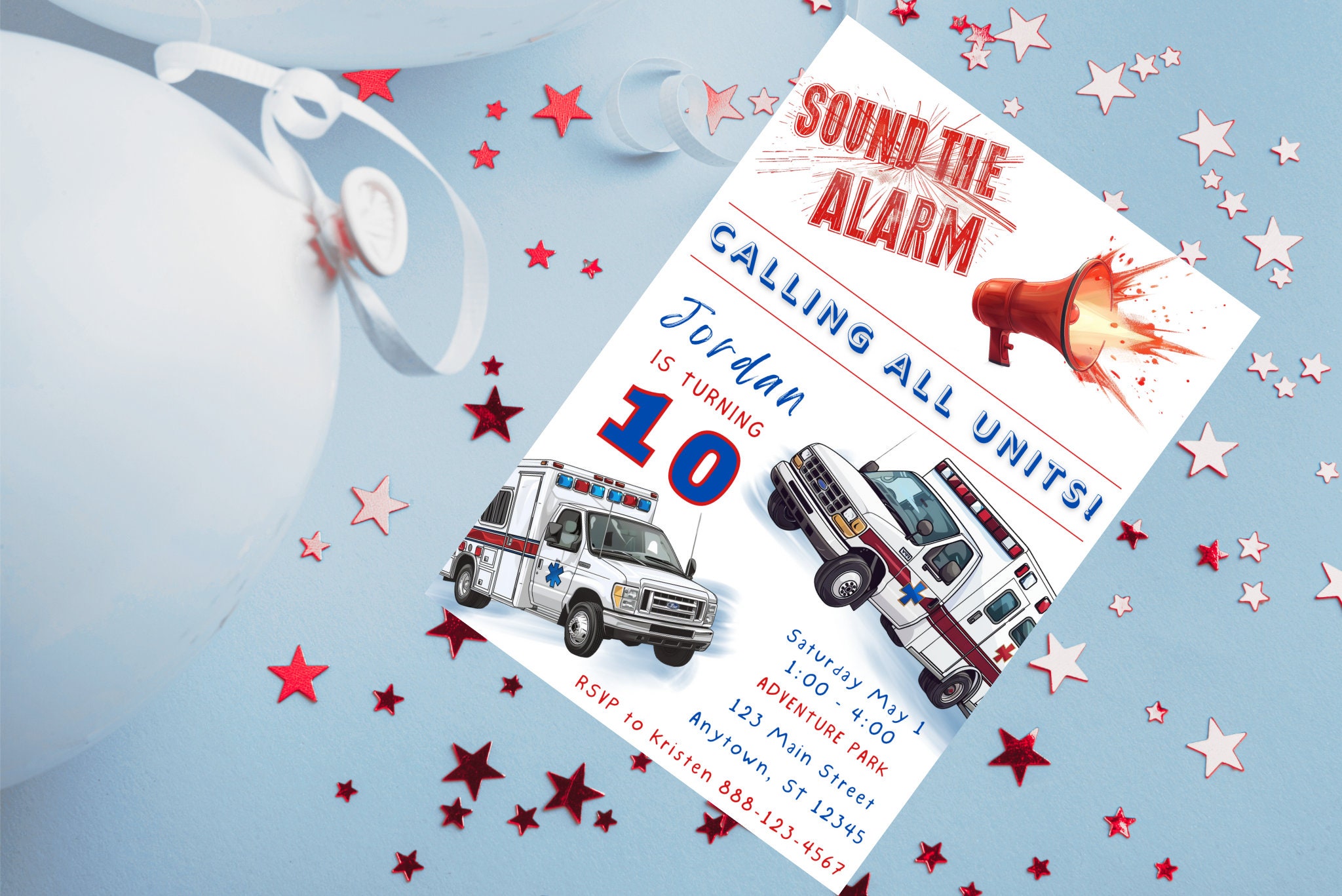 First Responders Birthday Party Invitation, EMT Ambulance Theme ...