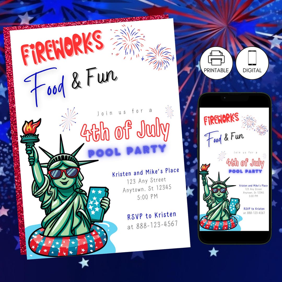 4th of July Pool Party Invitation, Patriotic Red White Blue ...