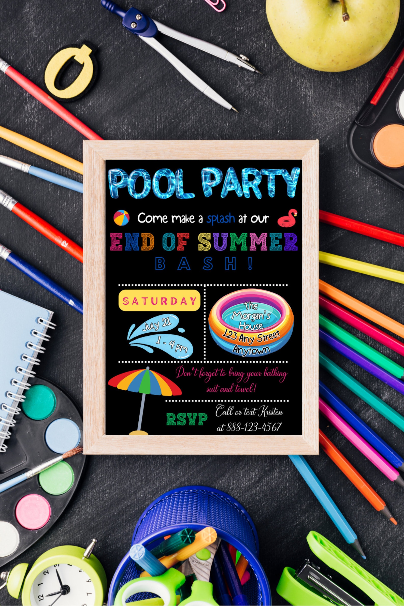 End of Summer Goodbye Pool Party Bash Kids Invitation Template, Back to ...