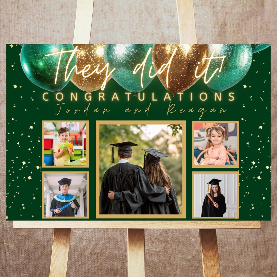 Double Graduation Photo Party Welcome Sign Template, Green & Gold Decor ...
