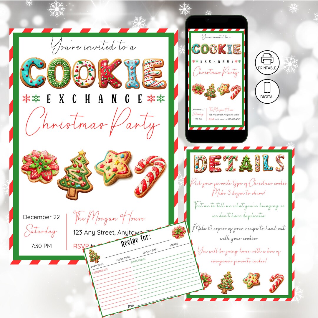 Christmas Cookie Exchange Party Invitation Template, Holiday Recipe ...