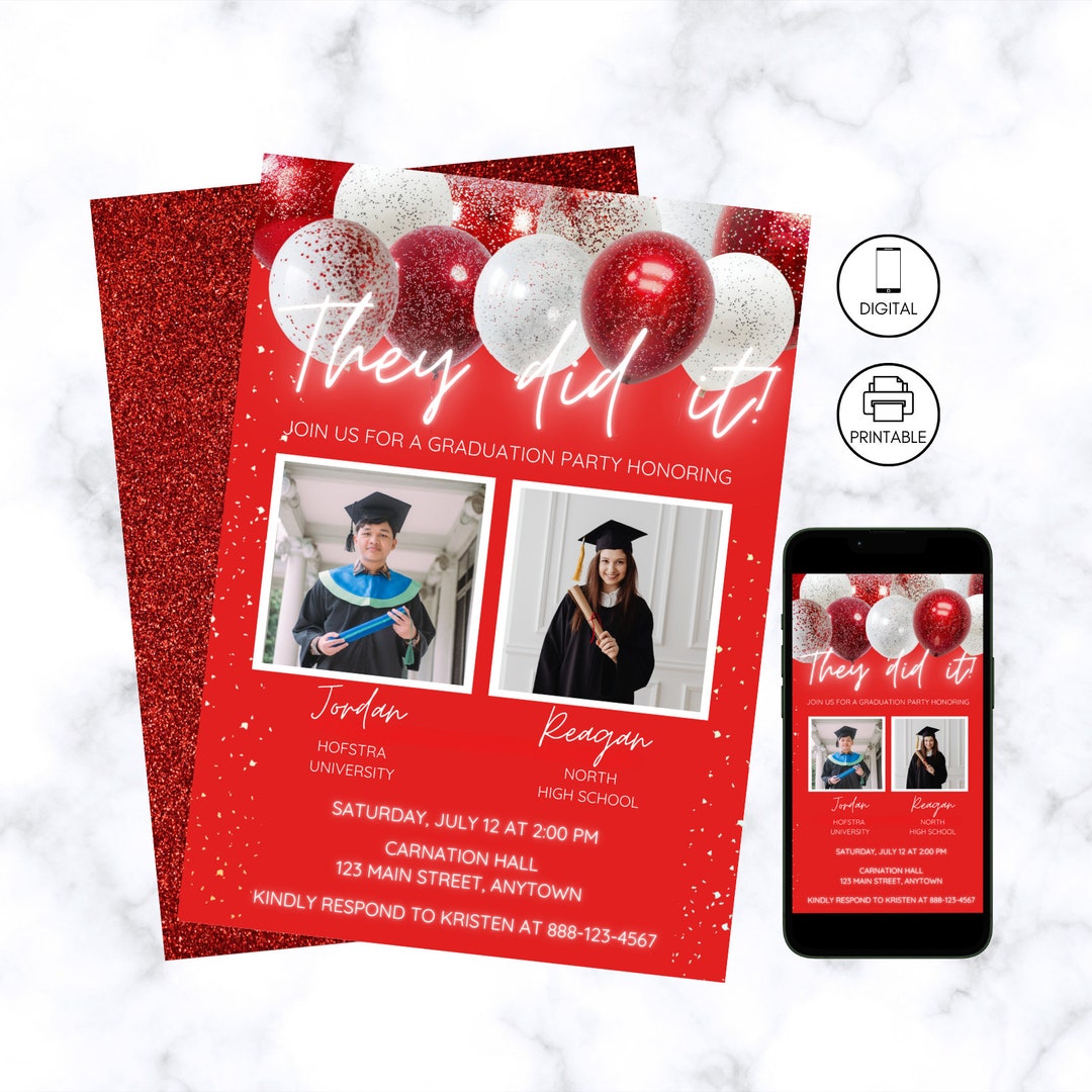 Double Graduation Photo Party Invitation Template, Red & White ...