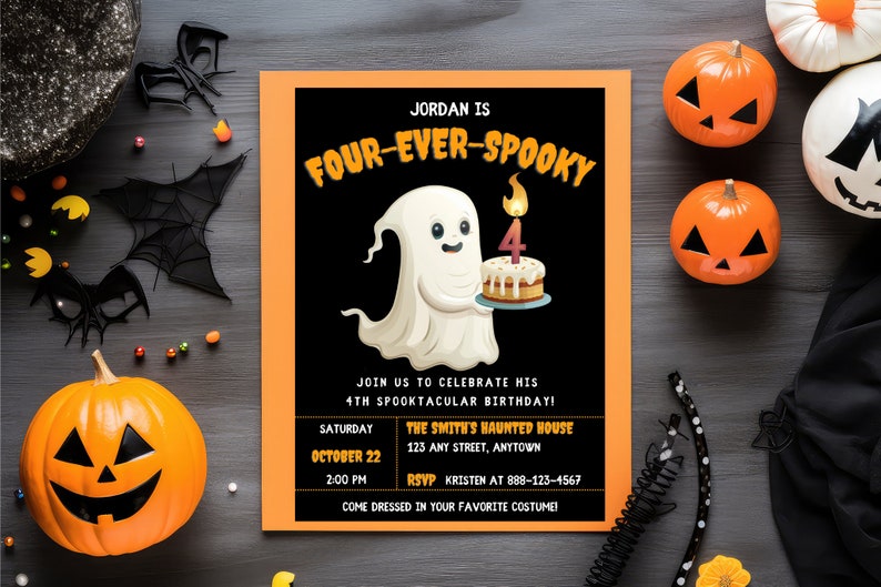 Halloween Four Ever Spooky Birthday Party Invitation Template, Editable ...