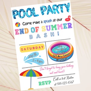 End of Summer Pool Party Bash Invitation, Back to School Kids Swim ...