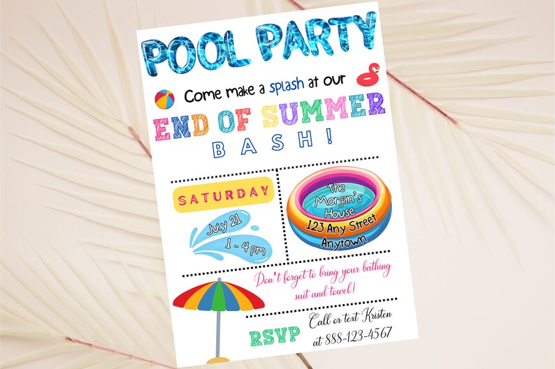 End of Summer Pool Party Bash Invitation, Back to School Kids Swim Party, Goodbye Summer Hello ...