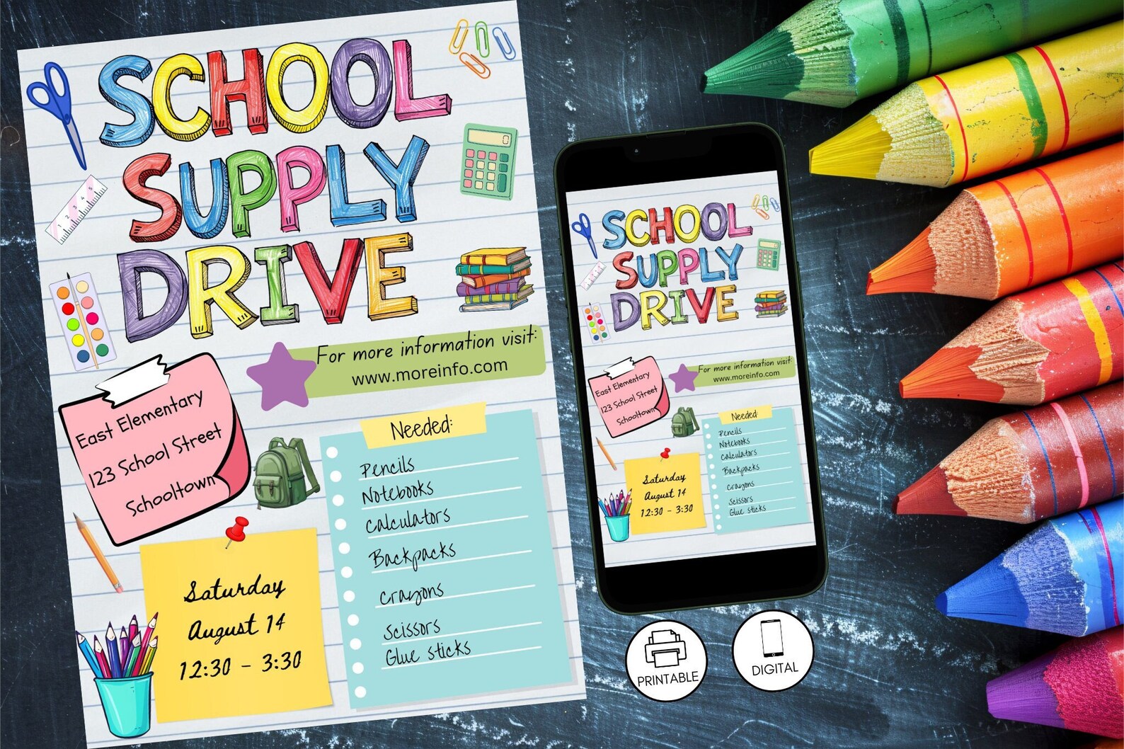 School Supply Drive Flyer Template, School Supplies Fundraiser Poster ...